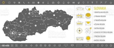 슬로바키아의 상세한 흑백지도 지리적 테두리와 흰색 배경에 행정 부문회색 국가 영토 여행 아이콘 세트 벡터 일러스트 Nitra에 대한 스톡 벡터 아트 및 기타 이미지 Istock