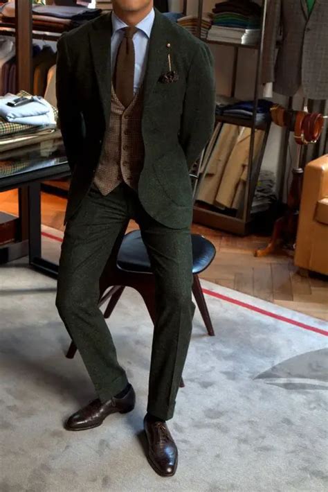 2017 Latest Coat Pant Designs Green Tweed Men Suit Groom Tuxedo Slim
