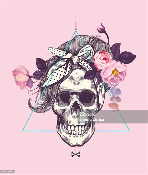 여자의 두개골 유행 헤어스타일와 추상 배경 스카프 팝 아트 스타일에 장미 꽃으로 둘러싸인 벡터 일러스트 레이 션 티셔츠 인쇄 포스터 엽서 등으로 사용할 수 있습니다 0명에