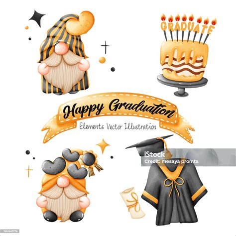 귀여운 격언 행복한 졸업 모자 가운 졸업장 케이크 졸업 사인 블랙 옐로우 요소 수채화 벡터 파일 클립 아트 만화 스타일 배너 포스터 카드 티셔츠 스티커 개체 그룹에 대한
