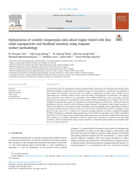 Pdf Optimization Of Variable Compression Ratio Diesel Engine Fueled With Zinc Oxide