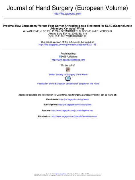Pdf Proximal Row Carpectomy Versus Four Corner Arthrodesis As A Treatment For Slac