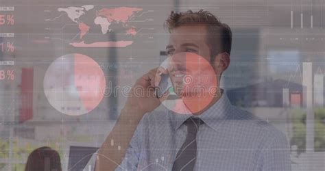 Animation Of Infographic Interface Over Smiling Caucasian Man Talking On Cellphone In Office