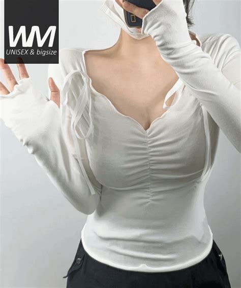 빅사이즈55~100💝빠른출고 리본 어깨트임핸드워머 신상 셔링 발레코어 슬림핏 얇은 긴팔티 브이넥 여리여리 청순 섹시 러블리 페미닌 3311 에이블리