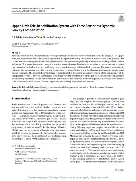 Upper Limb Tele Rehabilitation System With Force Sensorless Dynamic Gravity Compensation
