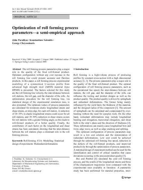 Pdf Optimization Of Roll Forming Process Parameters—a Semi Empirical