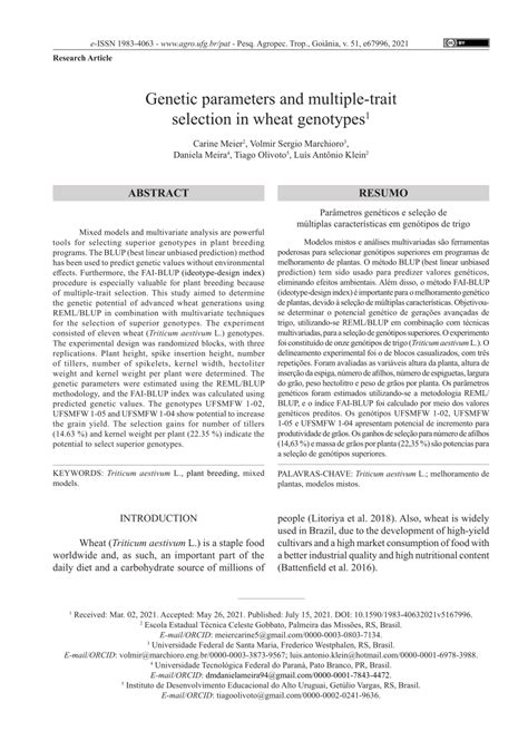 Pdf Genetic Parameters And Multiple Trait Selection In Wheat Genotypes