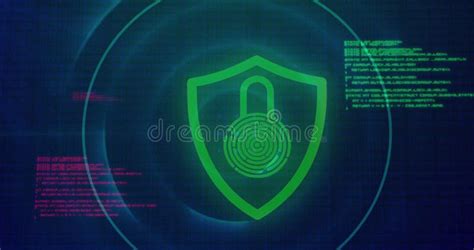 Image Of Circles Over Padlock In Shied Against Computer Language On Blue Background Stock