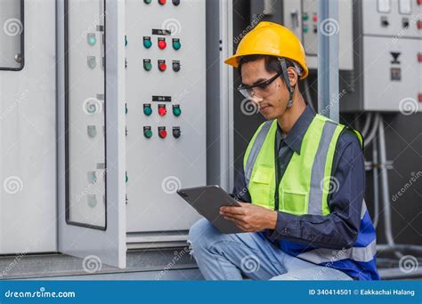 Electrical Engineer Man Using Tablet Checks Switchboard Main Distribution Boards Control Panel