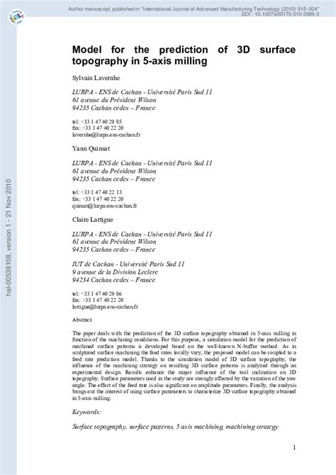 Pdf Model For The Prediction Of 3d Surface Topography In 5 Axis
