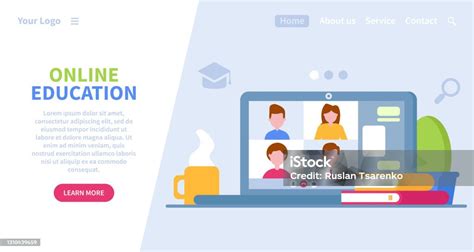 검역에 집에서 온라인 교육 E러닝 방문 페이지 템플릿입니다 책과 노트북에 화상 회의 및 비디오 자습서 검역 중에 공부하십시오 온라인 작업 웹 배너입니다 코비드19 개념에