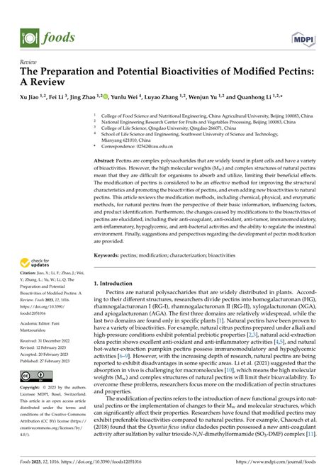 Pdf The Preparation And Potential Bioactivities Of Modified Pectins A Review
