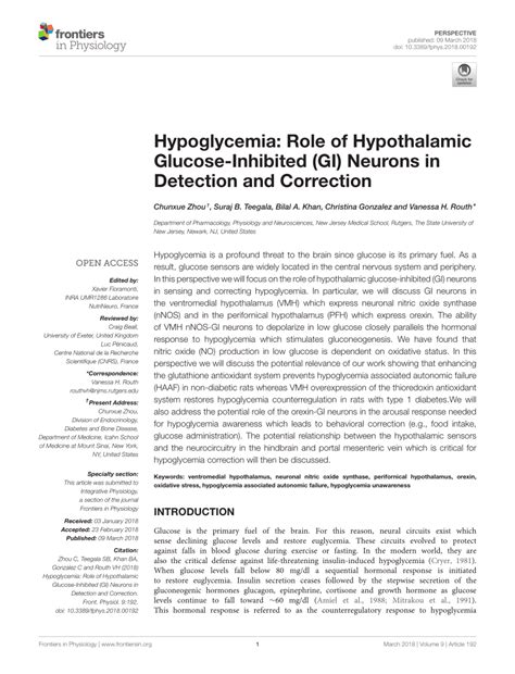 Pdf Hypoglycemia Role Of Hypothalamic Glucose Inhibited Gi Neurons In Detection And Correction