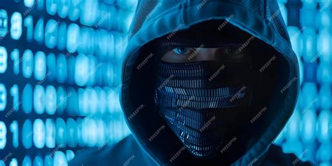 Hacker In Mask And Hoodie With Binary Code Background Cyber Security