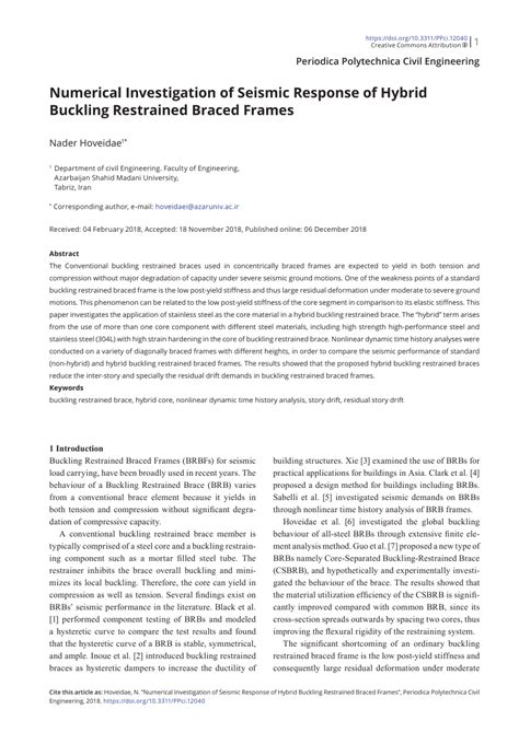 Pdf Numerical Investigation Of Seismic Response Of Hybrid Buckling Restrained Braced Frames