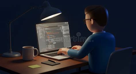 Nighttime Coder A 3d Render Of A Programmer Working Late On His Laptop In A Dark Room Stock