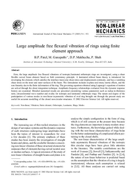Pdf Large Amplitude Free Flexural Vibration Of Rings Using Finite Element Approach