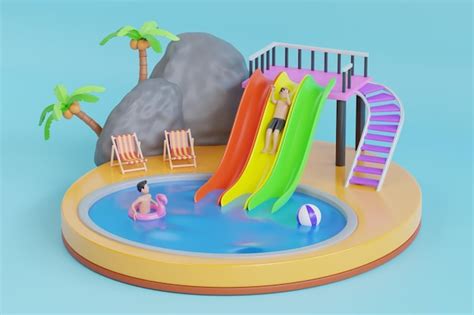 워터 슬라이드가 있는 3d 아쿠아 파크 놀이터 슬라이드 어린이 3d 일러스트레이션을 위한 놀이 공간 프리미엄 Psd 파일
