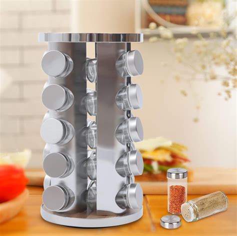 Rotating Spice Rack Organizer With 20 Jars Stainless Steel Spice
