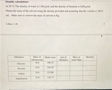 Solved Molality Calculations At 20C The Density Of Water Chegg Com