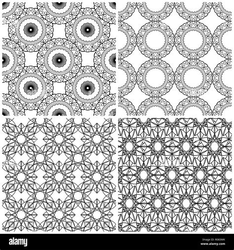 Set Of Four Abstract Seamless Mesh Patterns With Interlacing Black Lines On The White Background