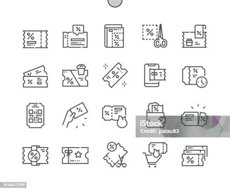 할인 쿠폰 및 바우처 선물 충성도 카드 쇼핑 바우처 보상 보너스 픽셀 완벽한 벡터 얇은 선 아이콘 간단한 최소 픽토그램 티켓에