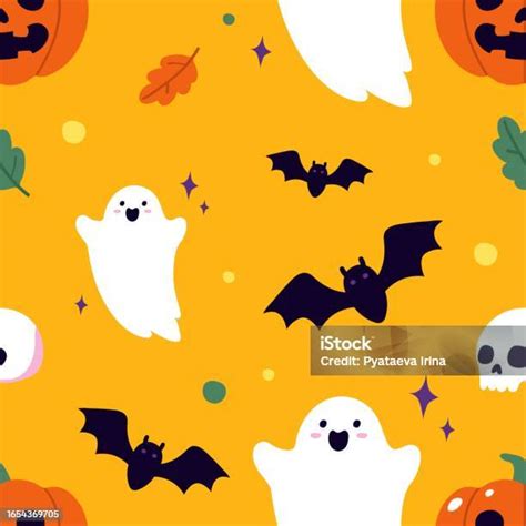 노란색 배경에 매끄러운 할로윈 패턴입니다 아이들을 위한 패턴입니다 플랫 벡터 그림입니다 10월에 대한 스톡 벡터 아트 및 기타 이미지 Istock