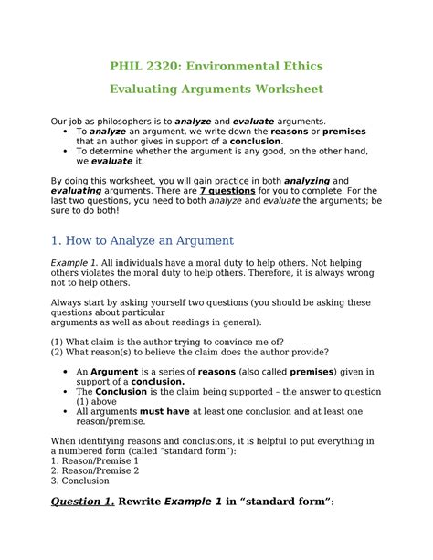 Evaluating Arguments Worksheet Tagged Phil 2320 Environmental Ethics Evaluating Arguments