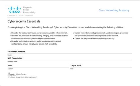 cisco certified in cybersecurity essentials siddhant khandare posted on the topic linkedin