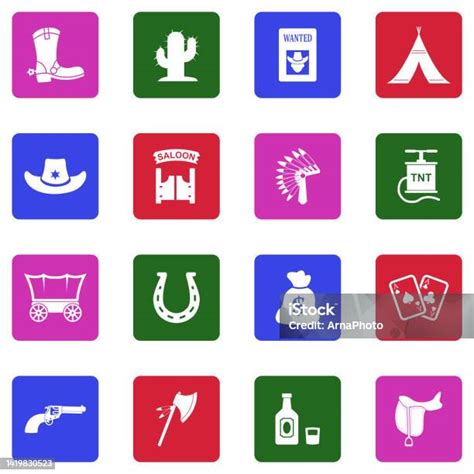 와일드 웨스트 아이콘 광장에있는 화이트 플랫 디자인 벡터 일러스트레이션 가방에 대한 스톡 벡터 아트 및 기타 이미지 가방