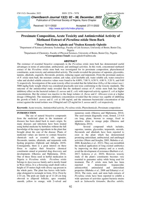 Pdf Proximate Composition Acute Toxicity And Antimicrobial Activity Of Methanol Extract Of