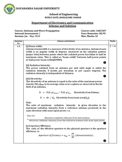 Antennaandwavepropagation16ec307 Ia1 Schemeandsolution Pdf Antenna