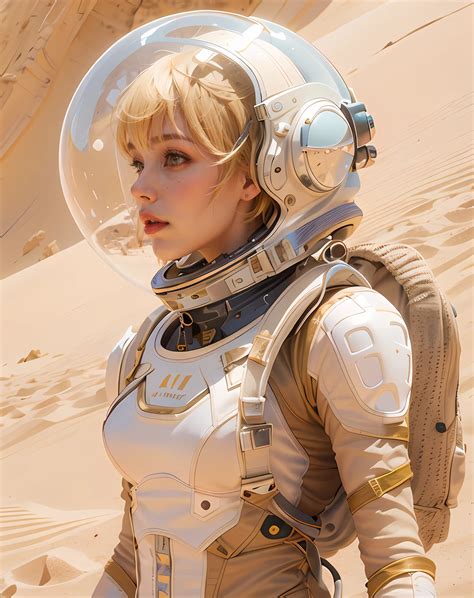 นักบินอวกาศสาวสวยที่มีรายละเอียด ผมสั้นมาก ผมสีบลอนด์ ตัดนางฟ้า