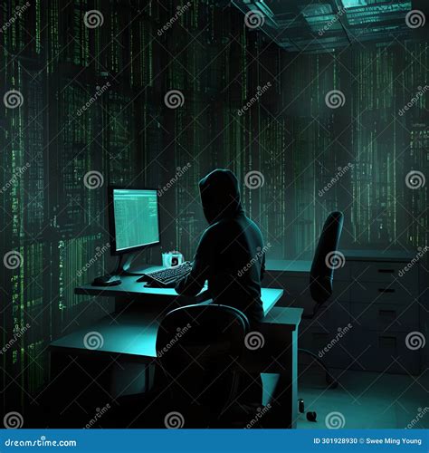 Image Of A Vibrant Cascading Of Colorful Silhouette Cyber Crime Hacker On Mainframe Computer In