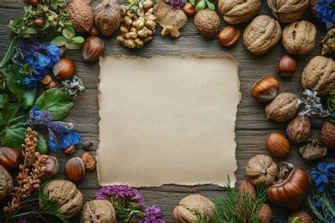 Natural Decorative Frame With Nuts And Flowers On Rustic Wooden Surface