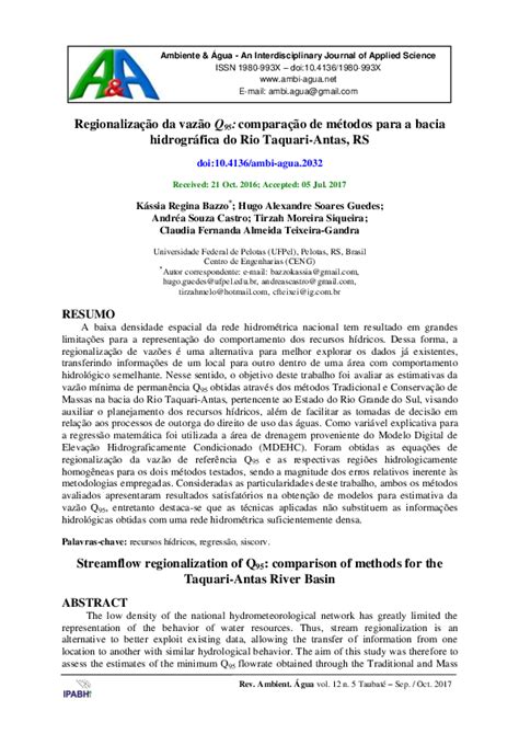 Pdf Streamflow Regionalization Of Q 95 Comparison Of Methods For The Taquari Antas River Basin