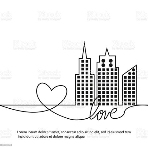 도시 및 심 혼 및 연속 드로잉 라인 플랫 스타일에 사랑의 실루엣 현대 도시 풍경입니다 벡터 일러스트 레이 션 시 고층 건물 사무실 수평선입니다 연속 선 그리기 개념에 대한