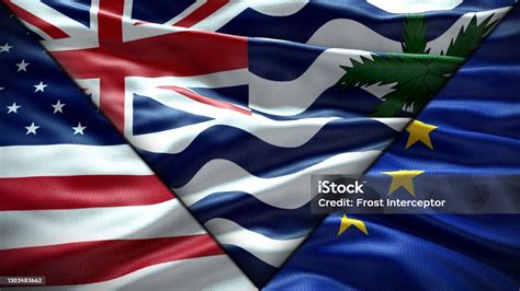 미국 국기와 유럽 연합 국기와 질감 하늘 구름과 일몰 트리플 플래그와 흔들리는 영국 인도양 영토 플래그의 위원 기에 대한 스톡 사진 및 기타 이미지 Istock