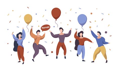 축하 하는 사람들 행복한 캐릭터 그룹 축하 파티 서 서 선물 아래 색종이와 풍선 미소 남자 여자 함께 화려한 벡터 플랫 백 개체 그룹에 대한 스톡 벡터 아트 및 기타 이미지