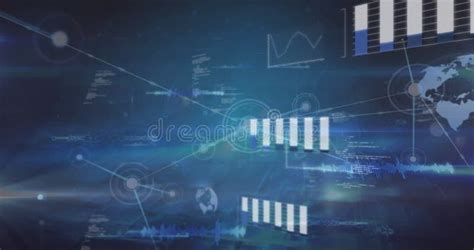 Animation Of Multiple Graphs Globe And Computer Language Over Connected Dots On Blue Background