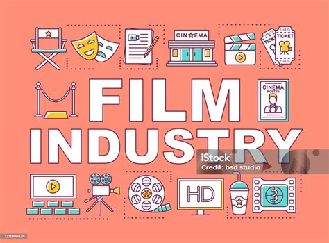 영화 산업 단어 개념 배너입니다 비즈니스를 표시합니다 영화 제작 및 배포 프리젠 테이션 웹 사이트 선형 아이콘과 격리 된 문자 타이포그래피 아이디어 벡터 개요 그림 0명에