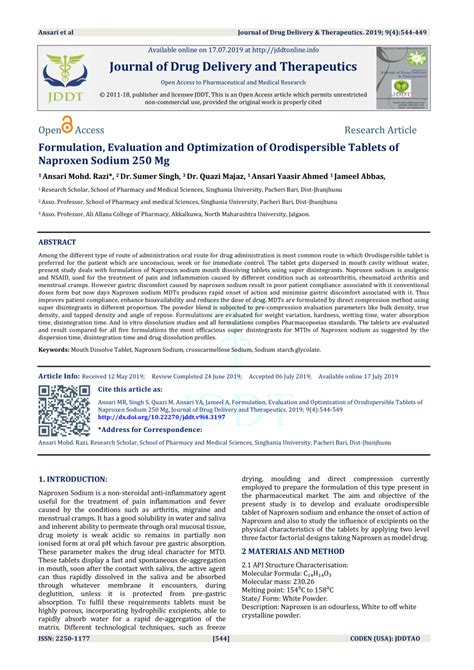 Pdf Formulation Evaluation And Optimization Of Orodispersible Tablets Of Naproxen Sodium 250 Mg