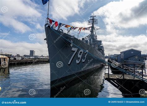 Uss Cassin Young Destroyer Moored At A Port On A Bright Day Editorial