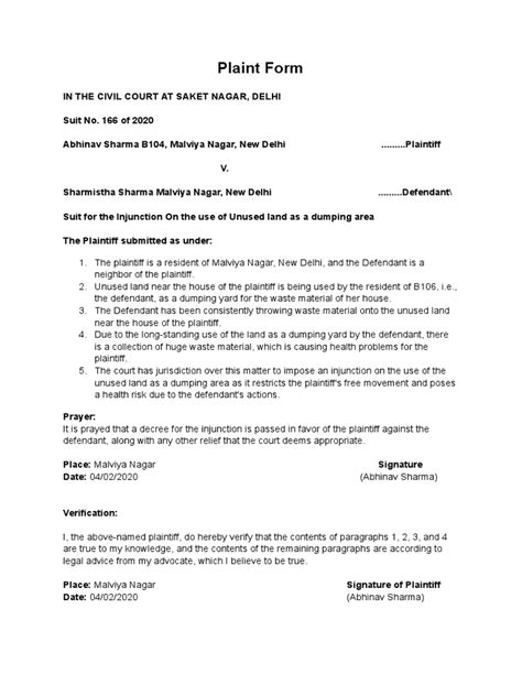 Plaint Form Pdf