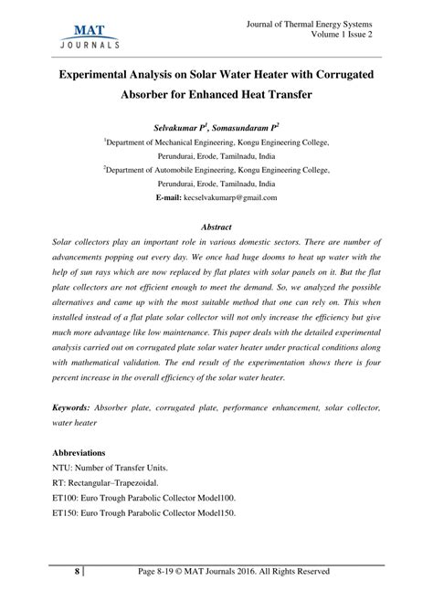 Pdf Experimental Analysis On Solar Water Heater With Corrugated Absorber For Enhanced Heat