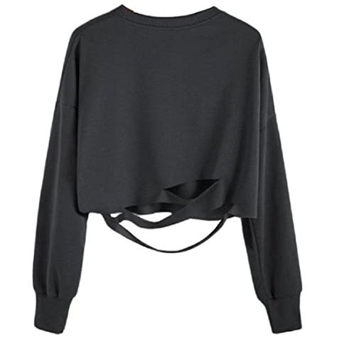 Winwinus Womens Baggy Crop Casual Hole Long Sleeve Tshirt Sweatshirts