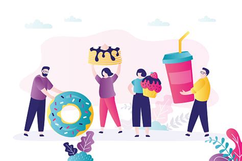 남성과 여성은 다른 과자를 가지고 다양한 패스트리를 들고 있는 사람들 컵에 큰 도넛 컵 케이크 팬케이크 탄산음료 먹기에 대한 스톡 벡터 아트 및 기타 이미지 Istock