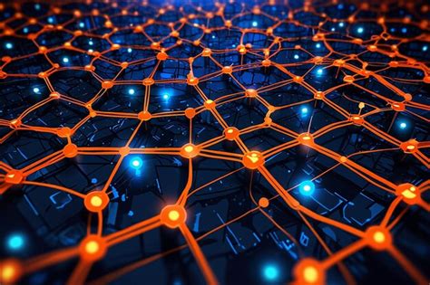 futuristic abstract blue network grid with glowing orange nodes