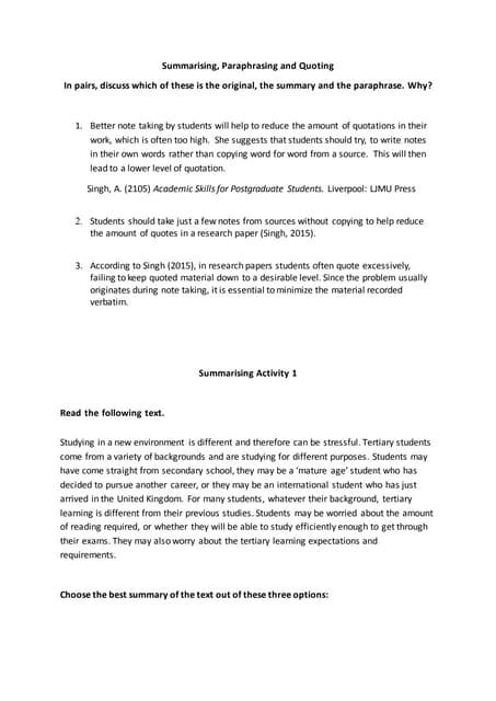 Summarising Paraphrasing And Quoting Worksheet Pdf Worksheets Library