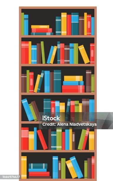 책이 있는 책장 여러 가지 빛깔의 책 등뼈가있는 책꽂이 플랫 스타일의 벡터 그림입니다 책장에 대한 스톡 벡터 아트 및 기타 이미지 책장 책 중심축 도서관 Istock